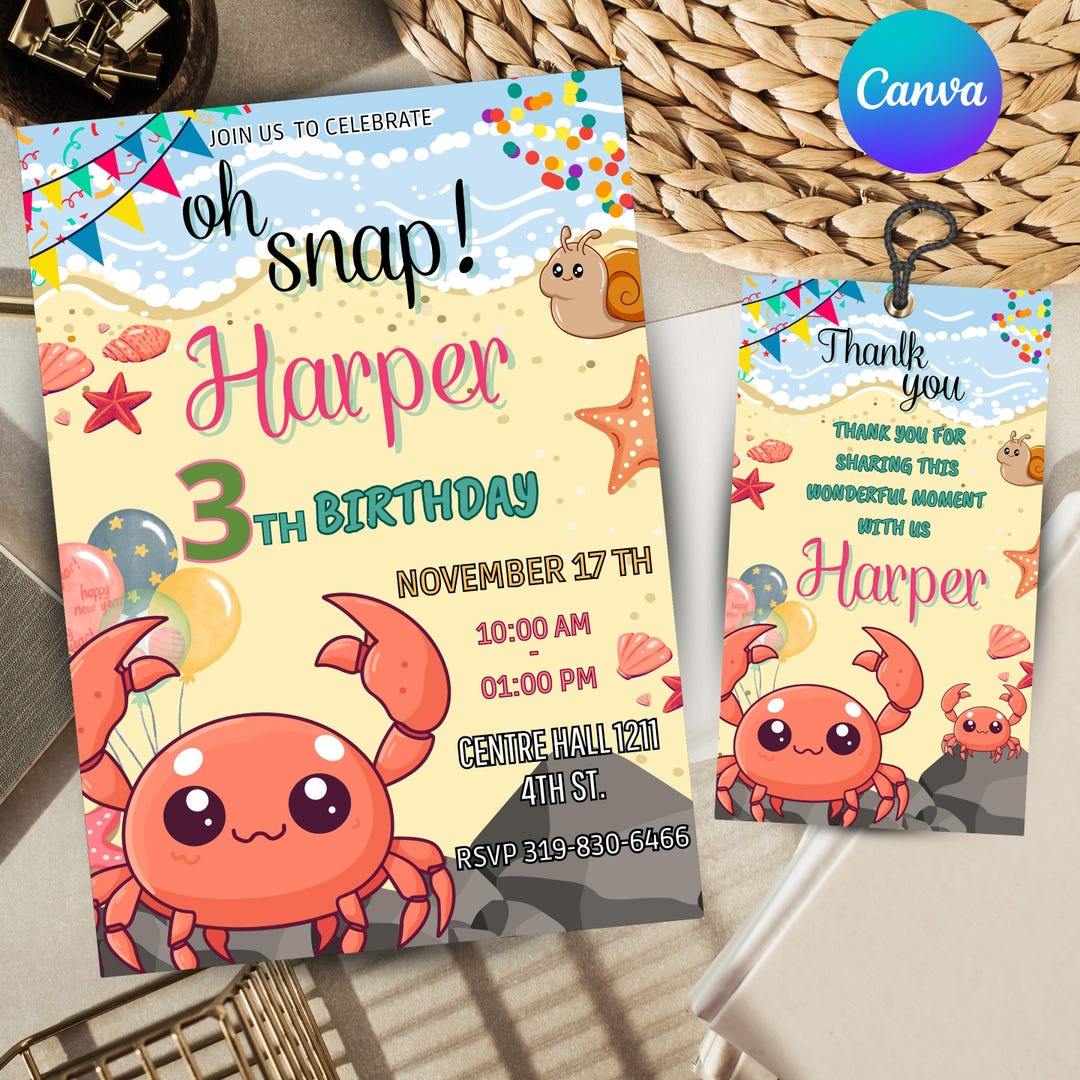 Crab Birthday Invitation, Crab Birthday Card, EDITABLE Digital Template ...