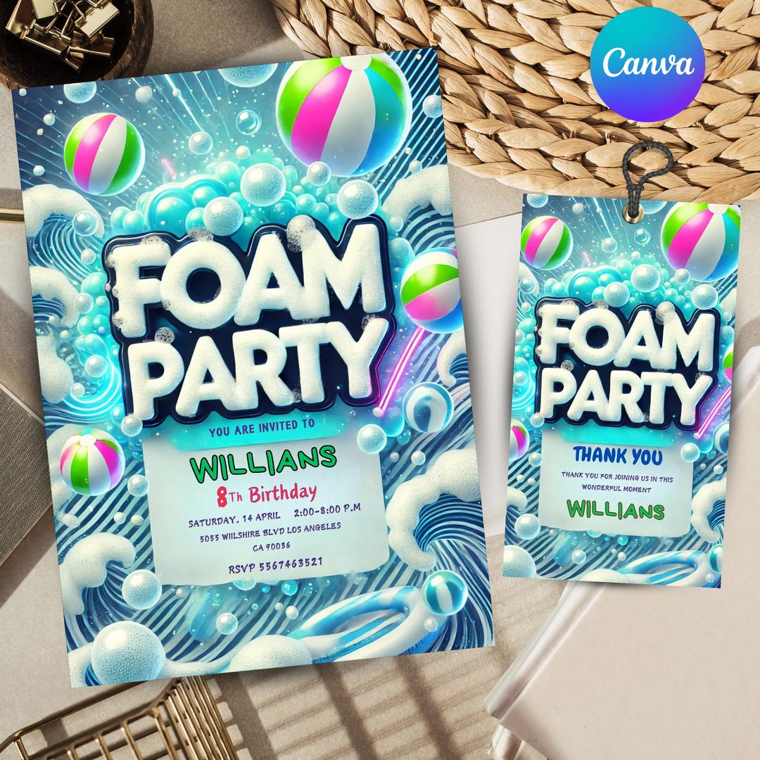 Foam Party Invitation, Bubble Birthday Card, Editable Canva Template ...