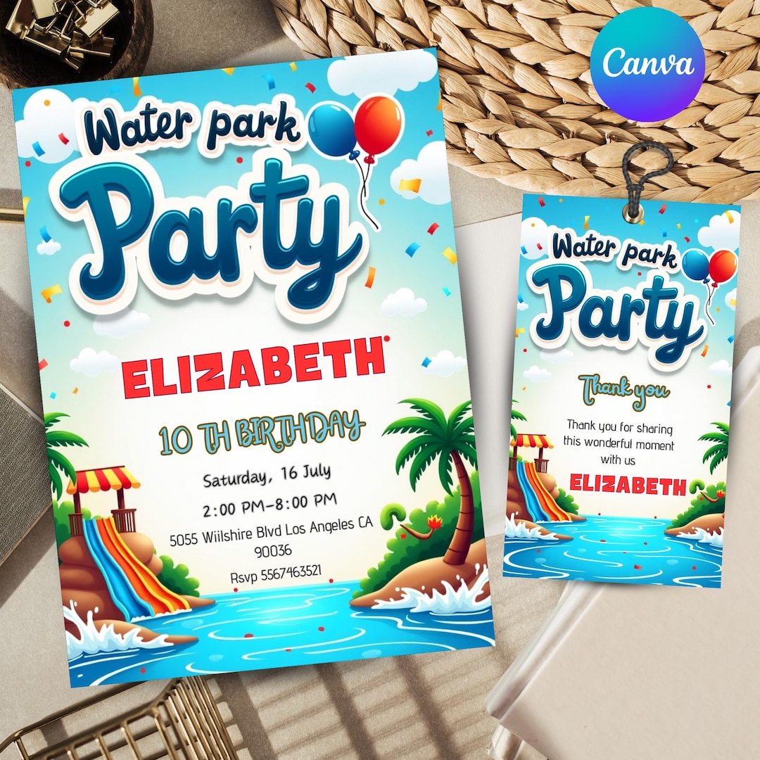 Waterpark Birthday Invitation, Amusement Park Invitation Card, Water ...