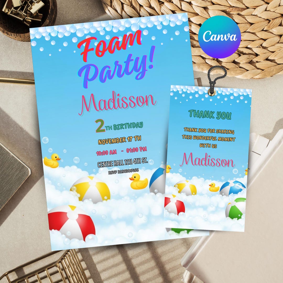 Foam Party Invitation: Customizable Bubble Birthday Card (digital ...