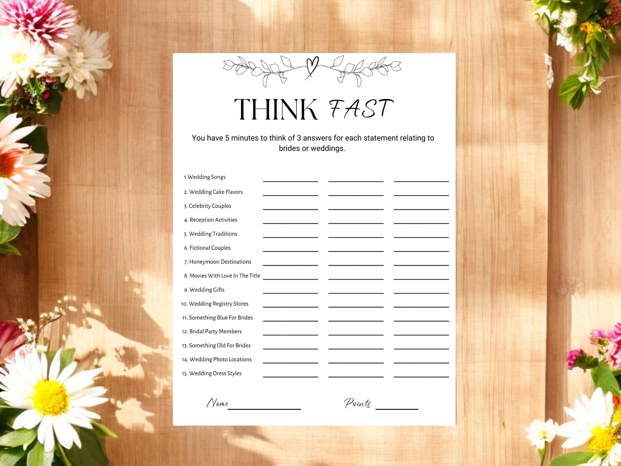 Think Fast Game Instant Download, Think Fast Bridal Shower Game, Think ...
