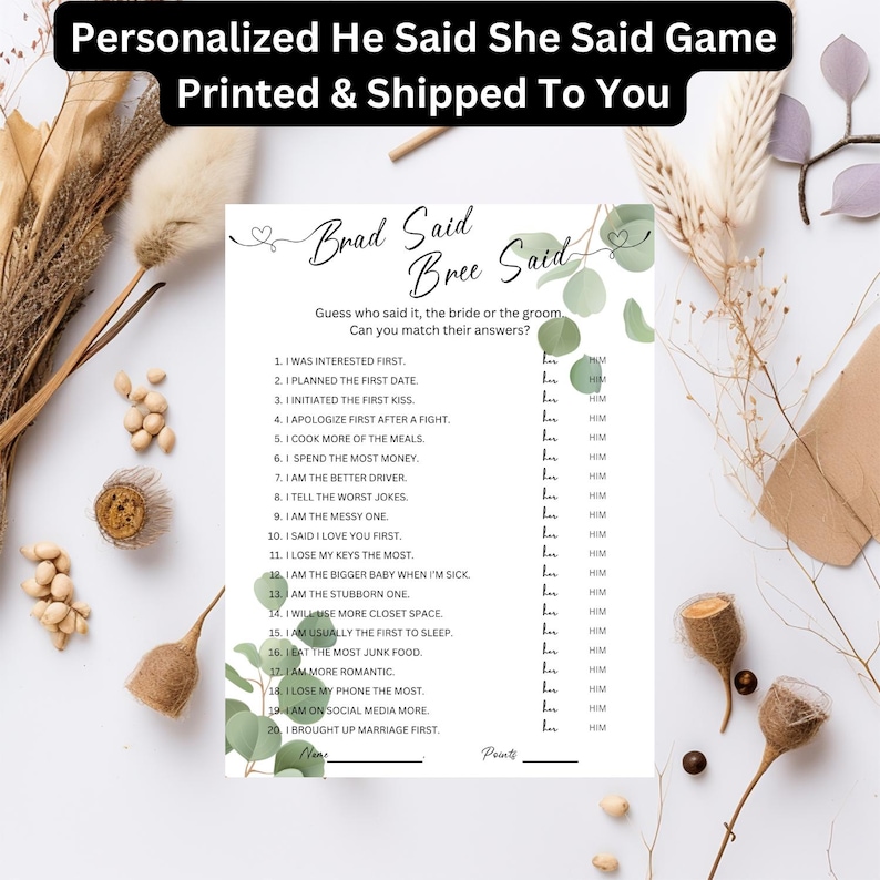 Bridal Shower Game| He Said She Said Game| Printed + Shipped| He Said ...