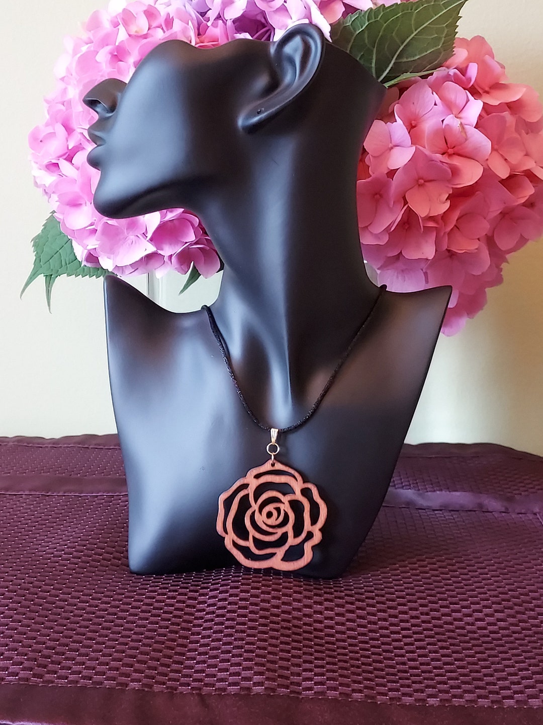 Laser Cut Rose Pendant: Hand Decorated Cherry Wood Tone - Etsy