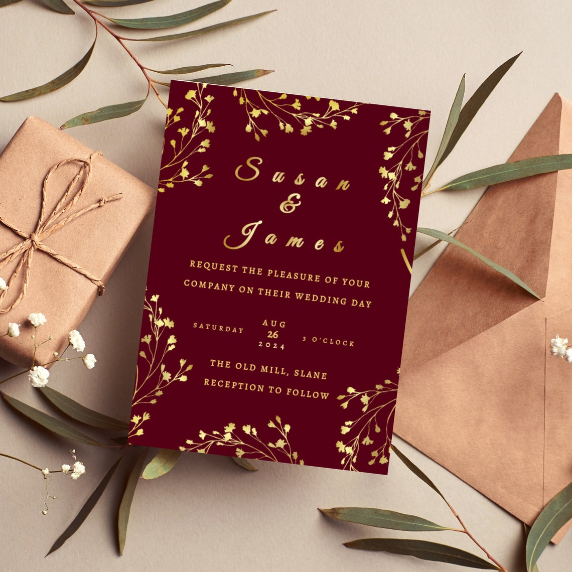 Burgundy Wedding Invitation Wedding Invitation Template - Etsy