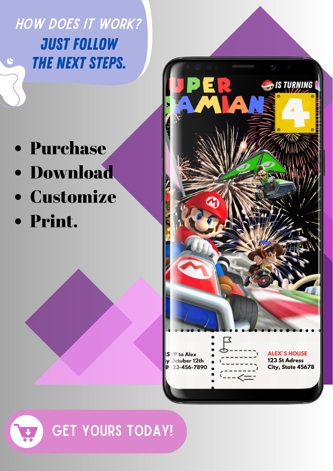 Super Mario Editable Birthday Invitation Digital, Mario Kart, Editable ...