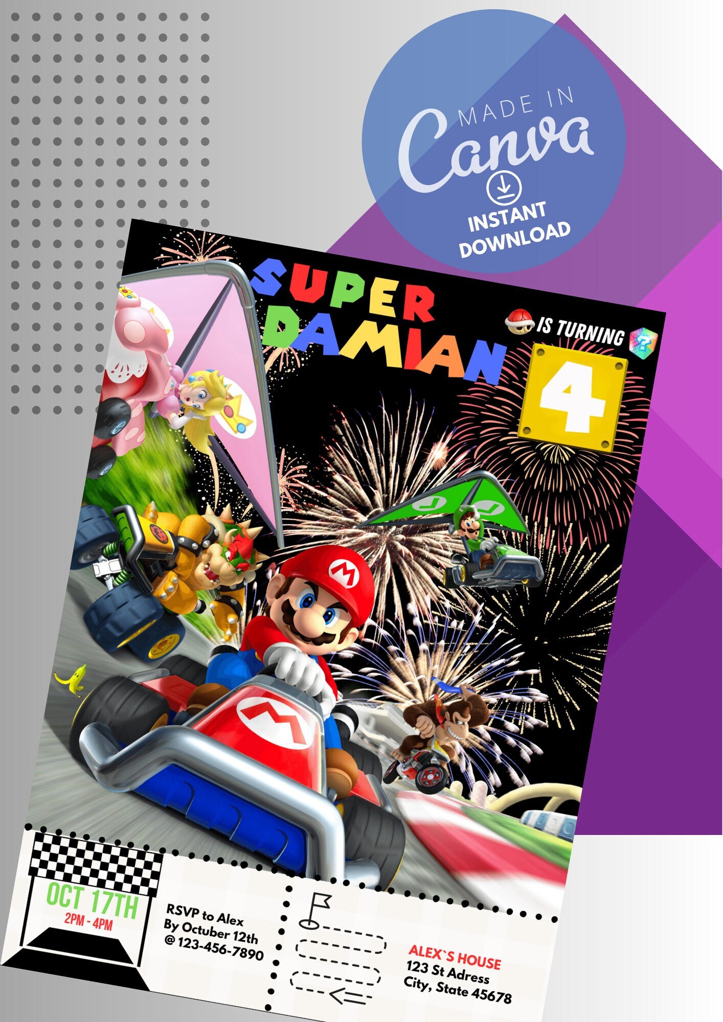 Super Mario Editable Birthday Invitation Digital, Mario Kart, Editable ...