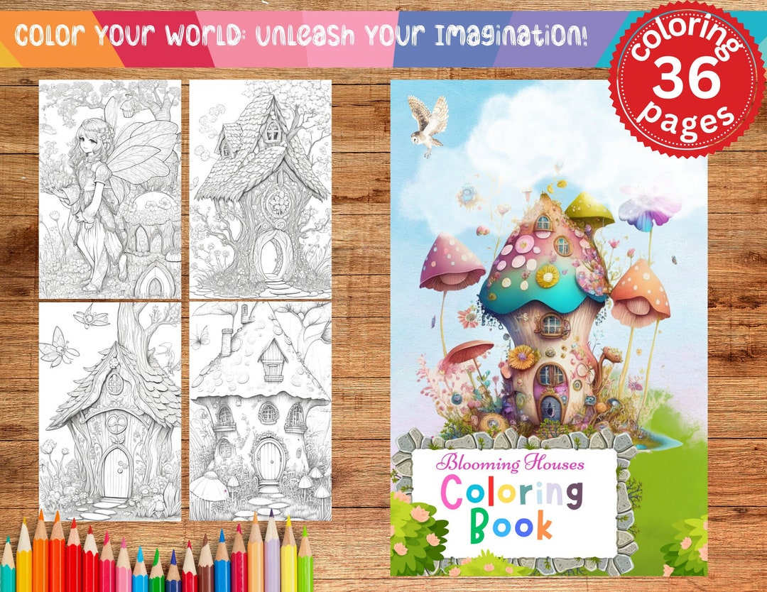 36 Fairy Houses Fantasy Coloring Page Book, Adults + Kids- Instant ...
