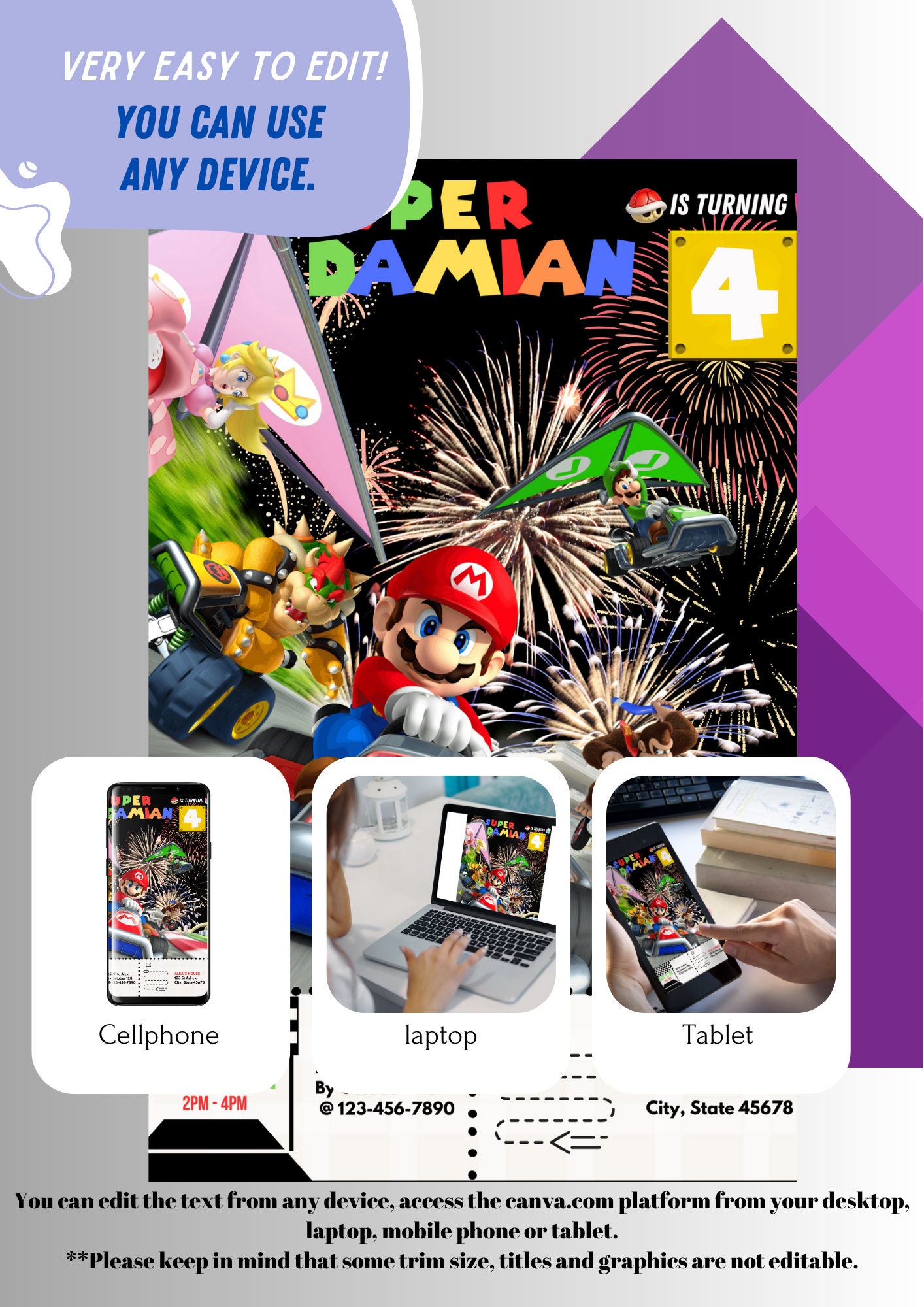 Super Mario Editable Birthday Invitation Digital, Mario Kart, Editable ...