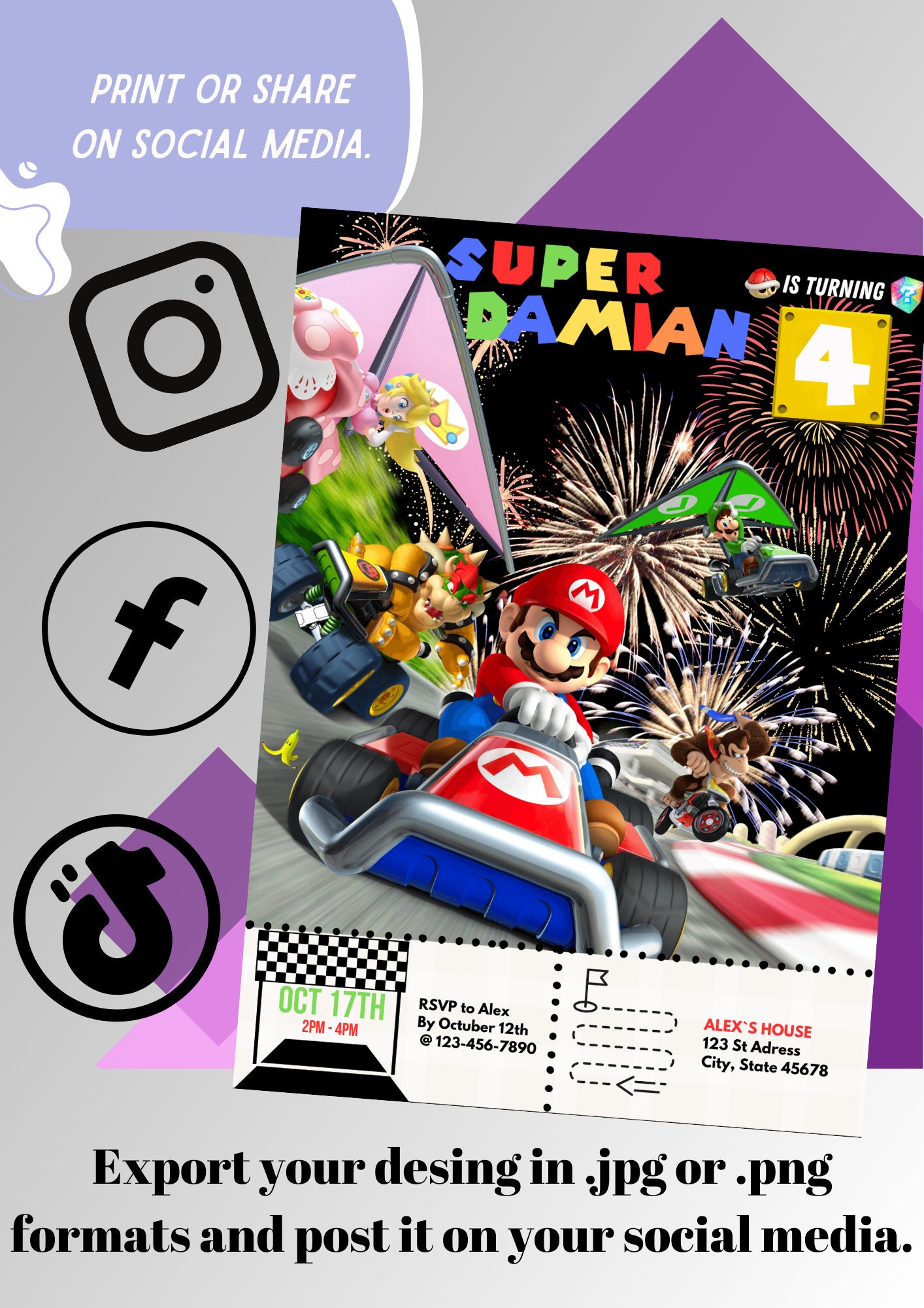 Super Mario Editable Birthday Invitation Digital, Mario Kart, Editable ...