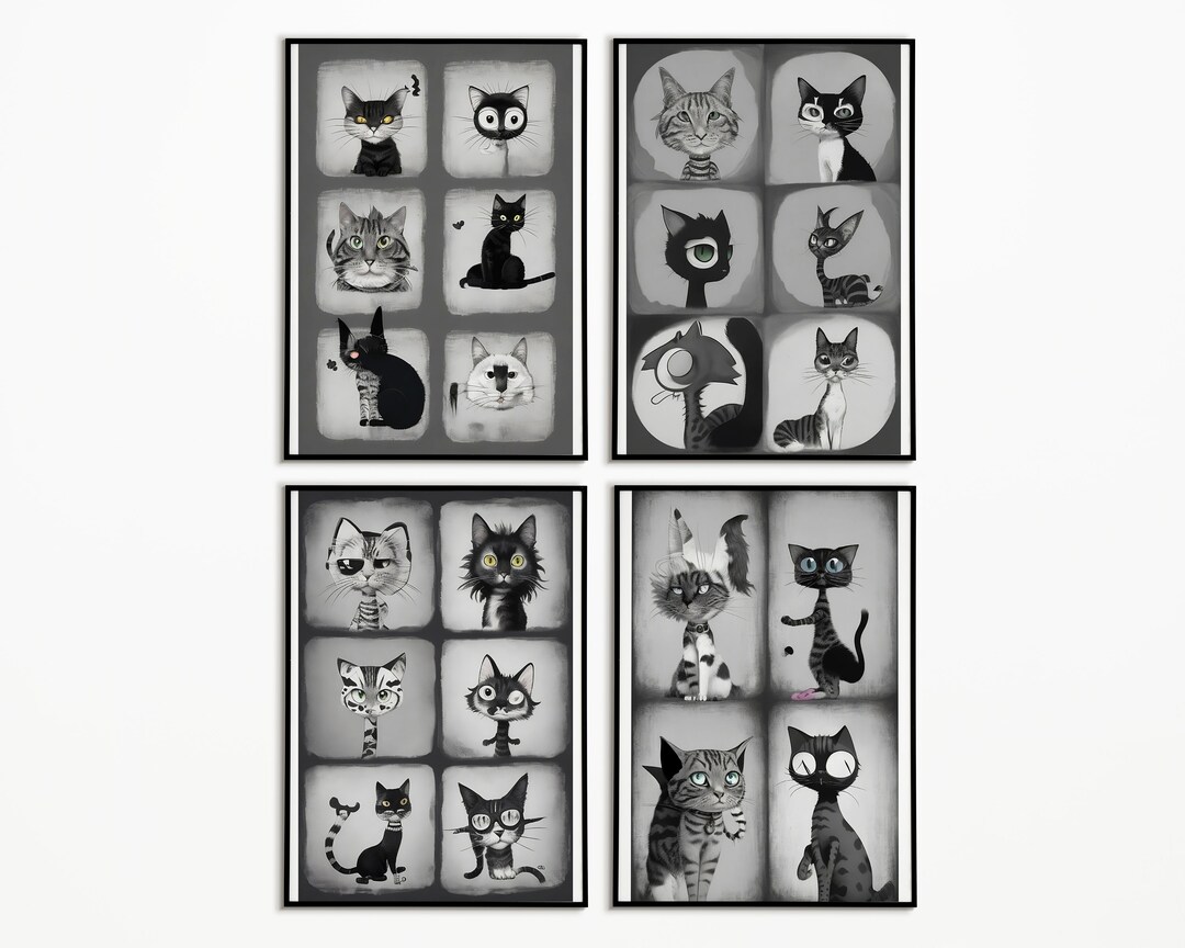 Set of 4 Schrödinger's Cat Inspired, Tim Burton Style, Divided by Frame ...