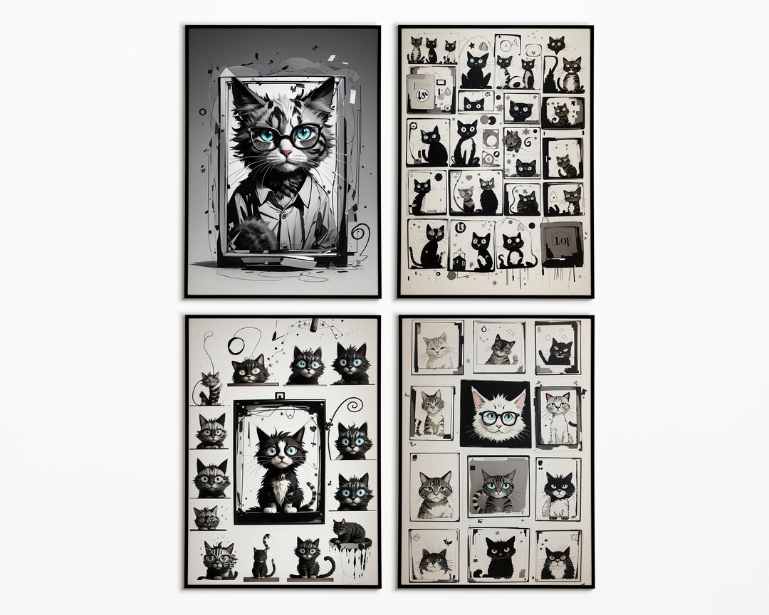 Set of 4 Schrödinger's Cat Inspired, Tim Burton Style, Divided by Frame ...