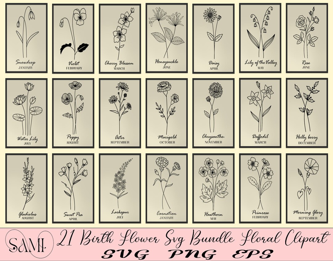 Birth Flower Svg Bundle Floral Clipart, Birth Flower Svg,birthday Gifts ...