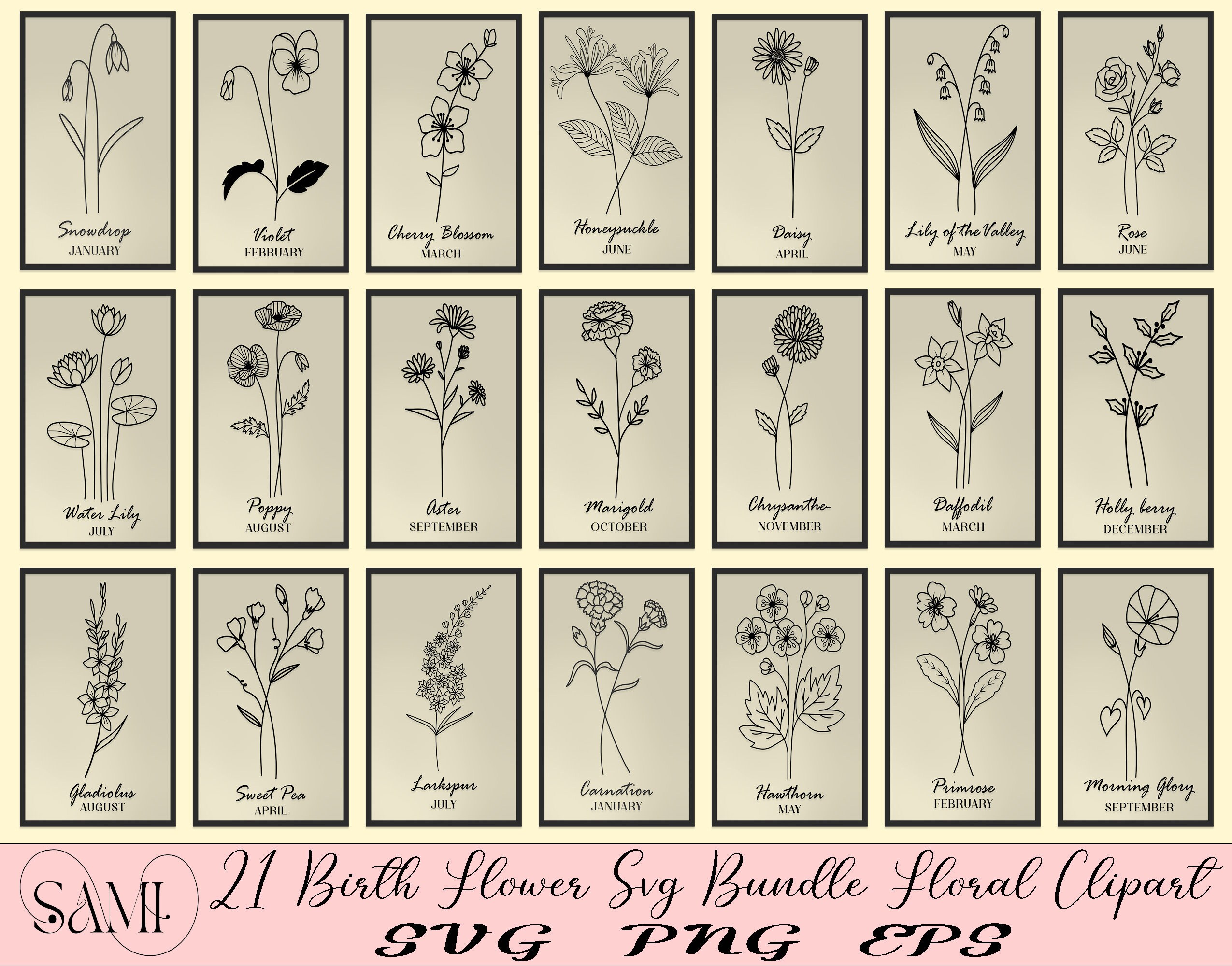 Birth Flower Svg Bundle Floral Clipart, Birth Flower Svg,birthday Gifts ...