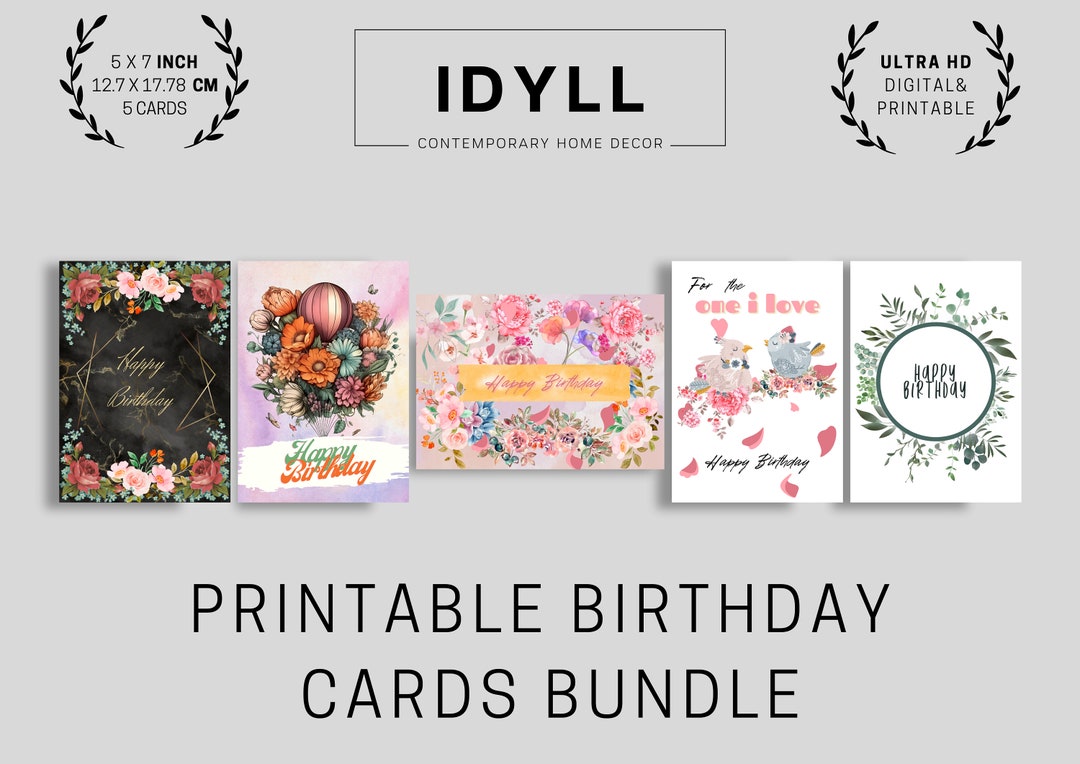 ULTRA HD Printable Birthday Card Pack Bundle Greeting Floral Cards Set ...
