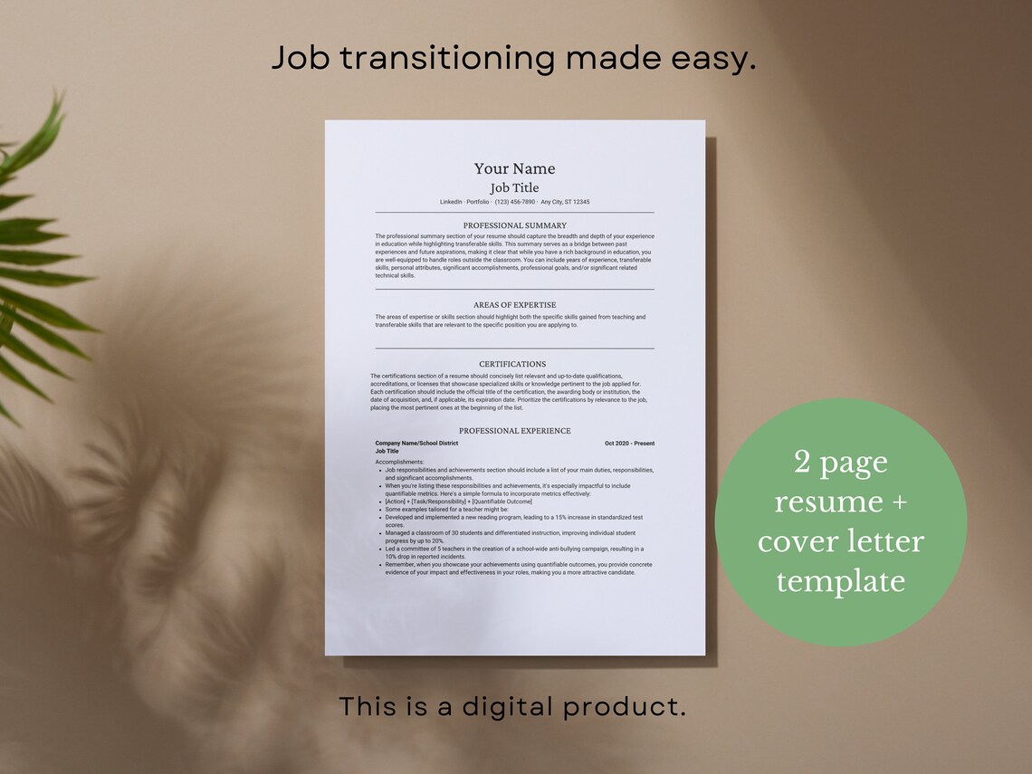 Transitioning Teacher Resume Template & Cover Letter| Propel Your ...