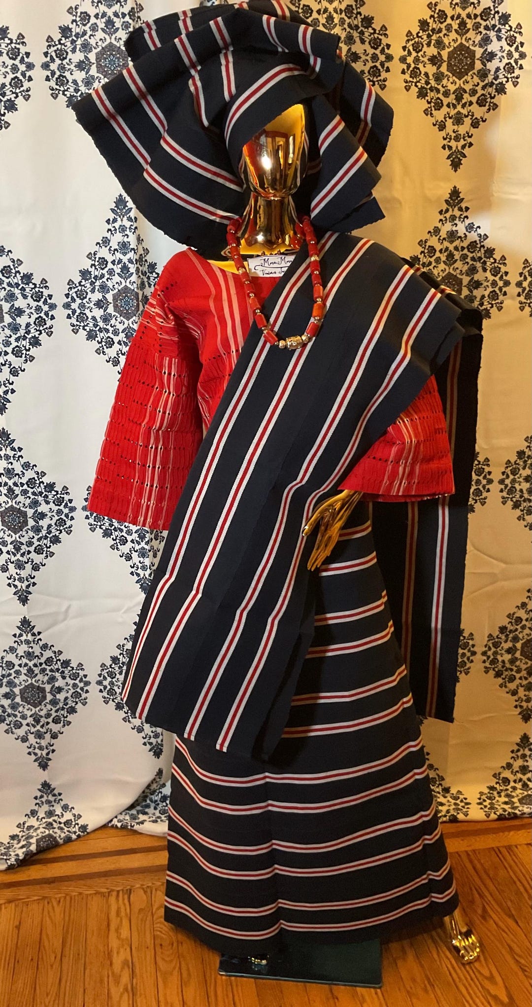 Aso Oke Yoruba Traditional Bridal Set–red & Navy Blue|iro, Buba, Gele ...