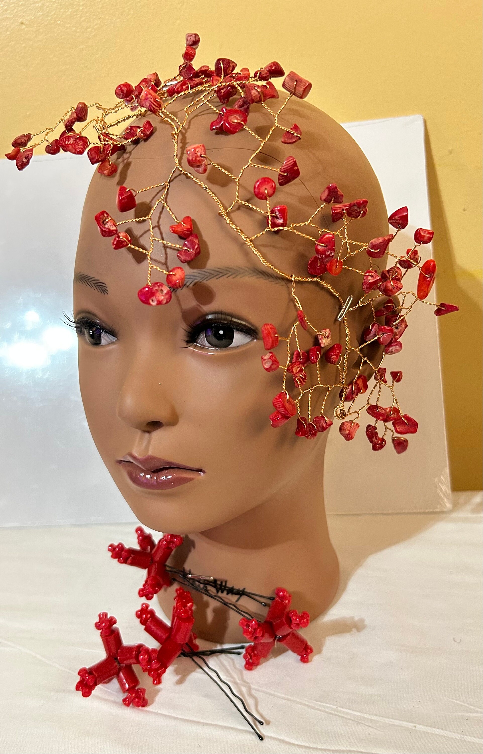 Beaded Bridal Head Wear, Red/white/coral Beads, Bridal Head Piece Ready ...