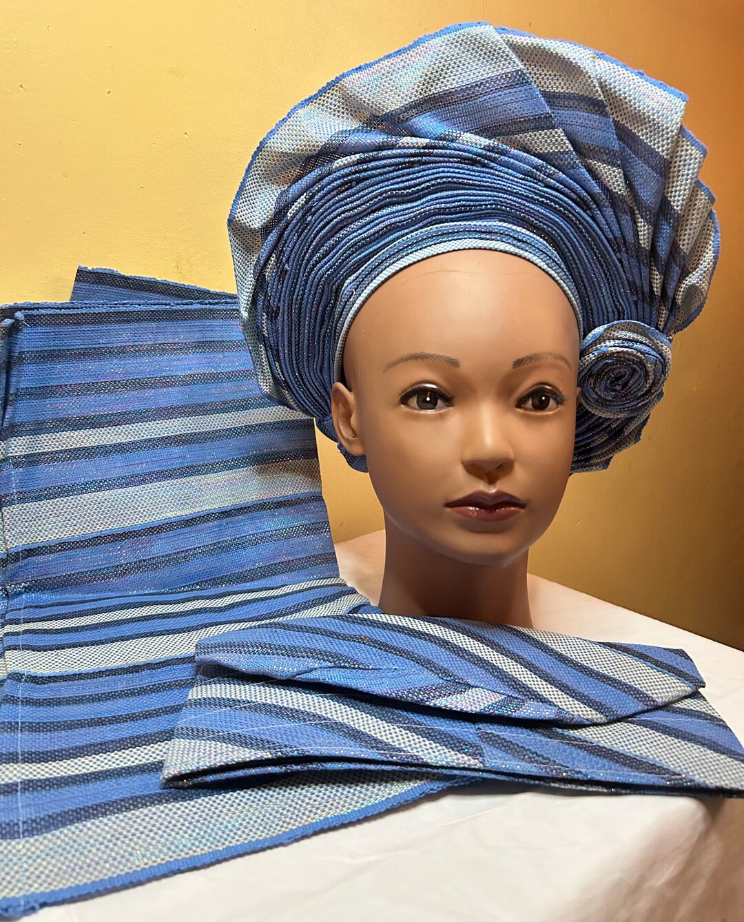 Blue Aso Oke Auto Gele Complete Set: Nigerian Wedding Headwear - Etsy