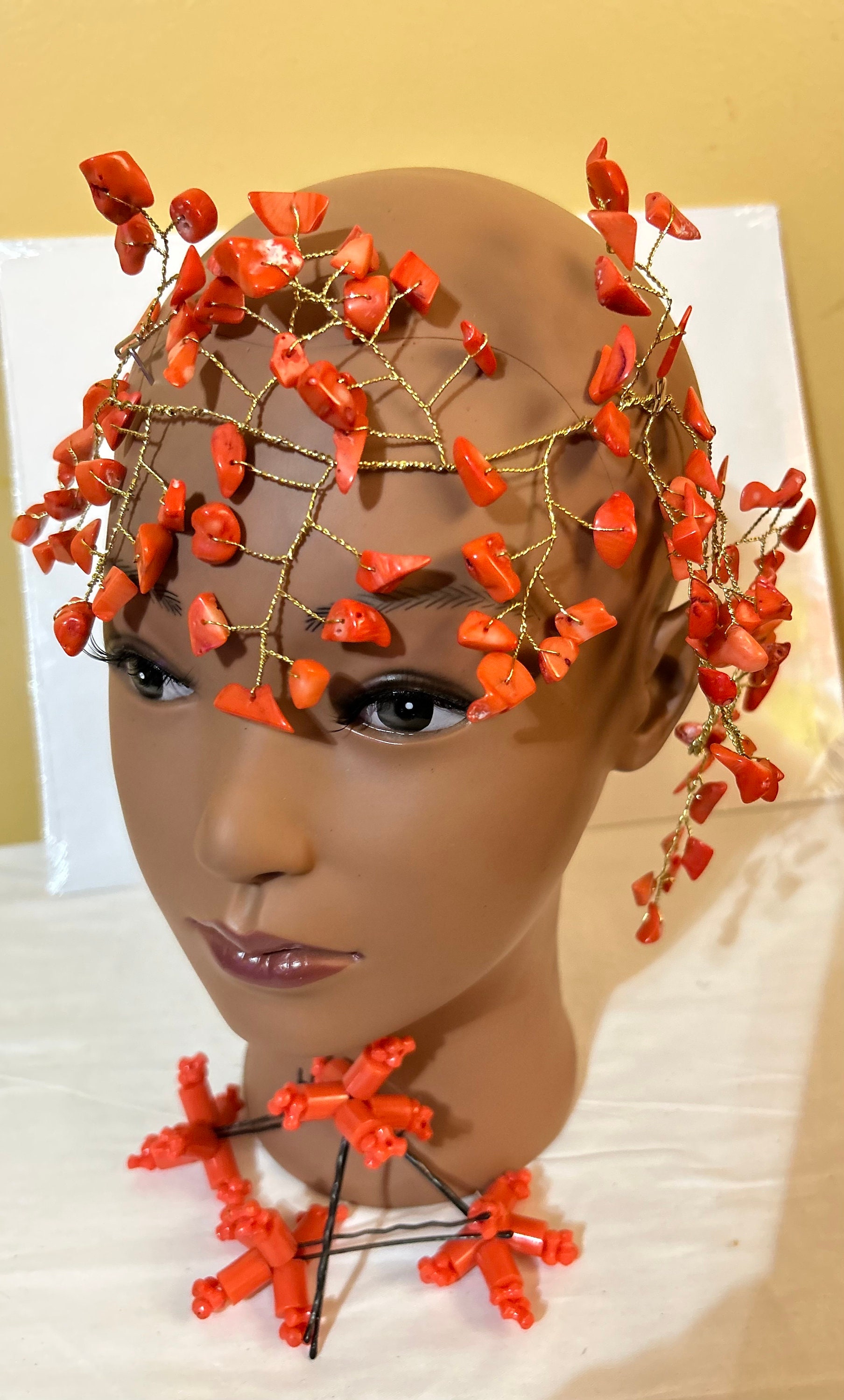 Beaded Bridal Head Wear, Red/white/coral Beads, Bridal Head Piece Ready ...