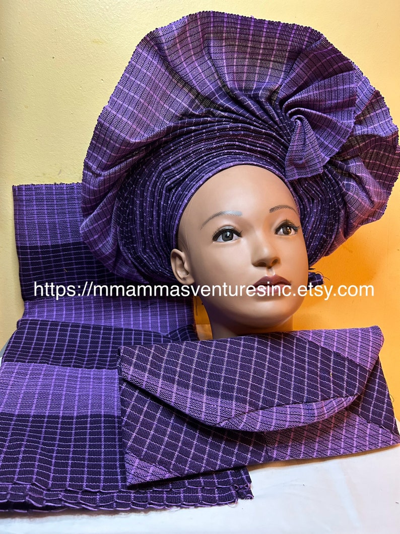 Purple Aso Oke Auto Gele Complete Set: Nigerian Wedding Bridal Headwear ...