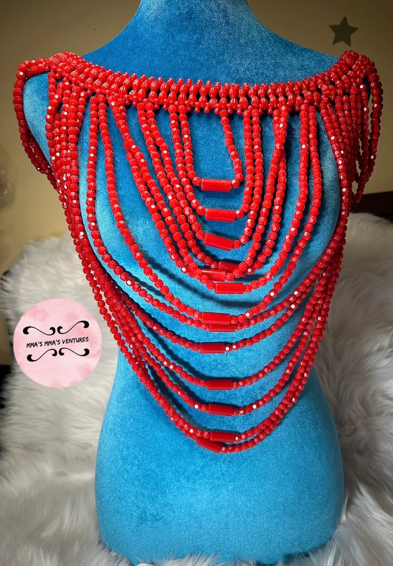 Beaded Shoulder Cape Blouse: African Bridal Faux Coral Necklace. Ileke ...