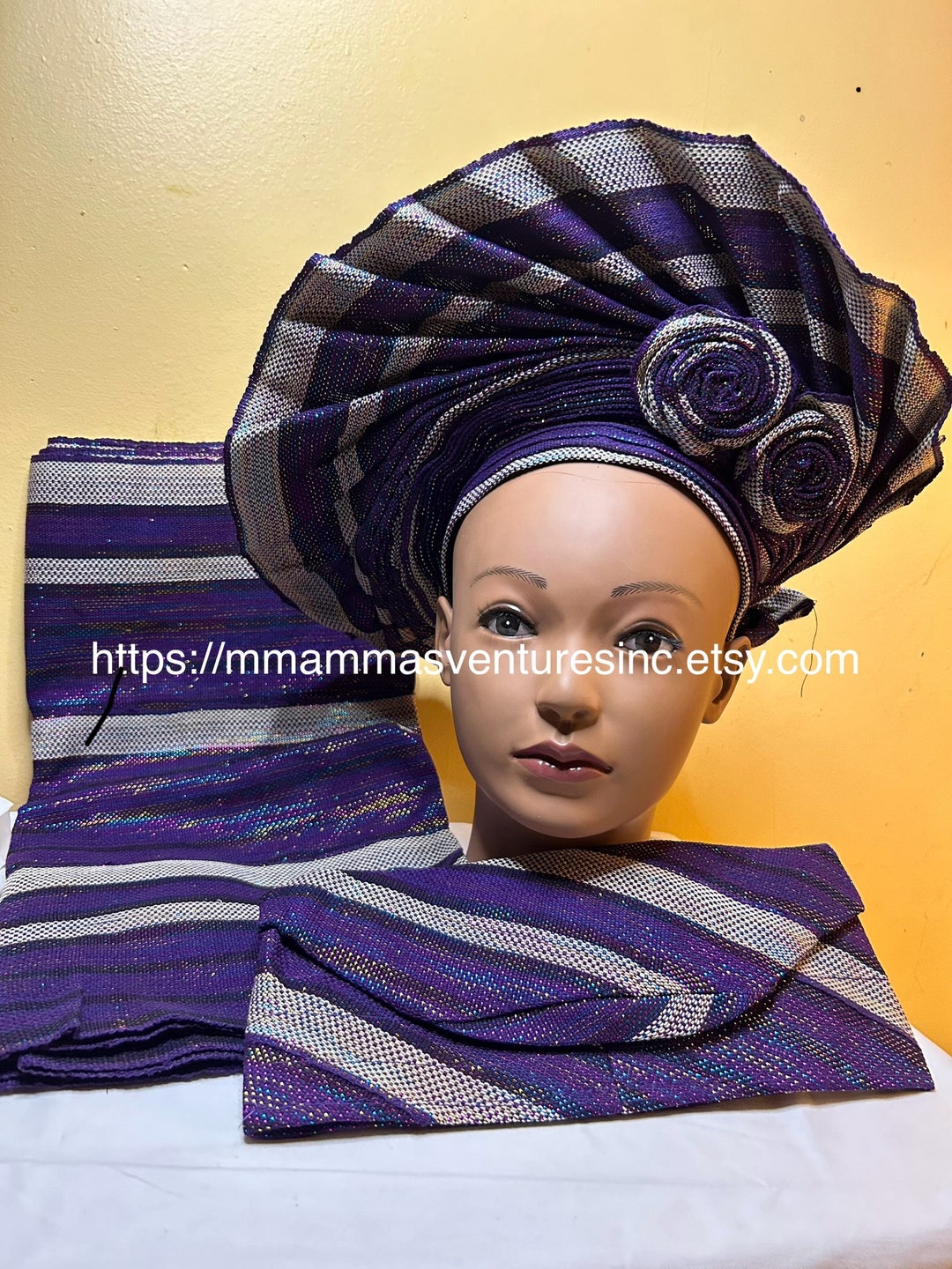 Purple Aso Oke Auto Gele Complete Bridal Set: Nigerian Wedding Headwear ...