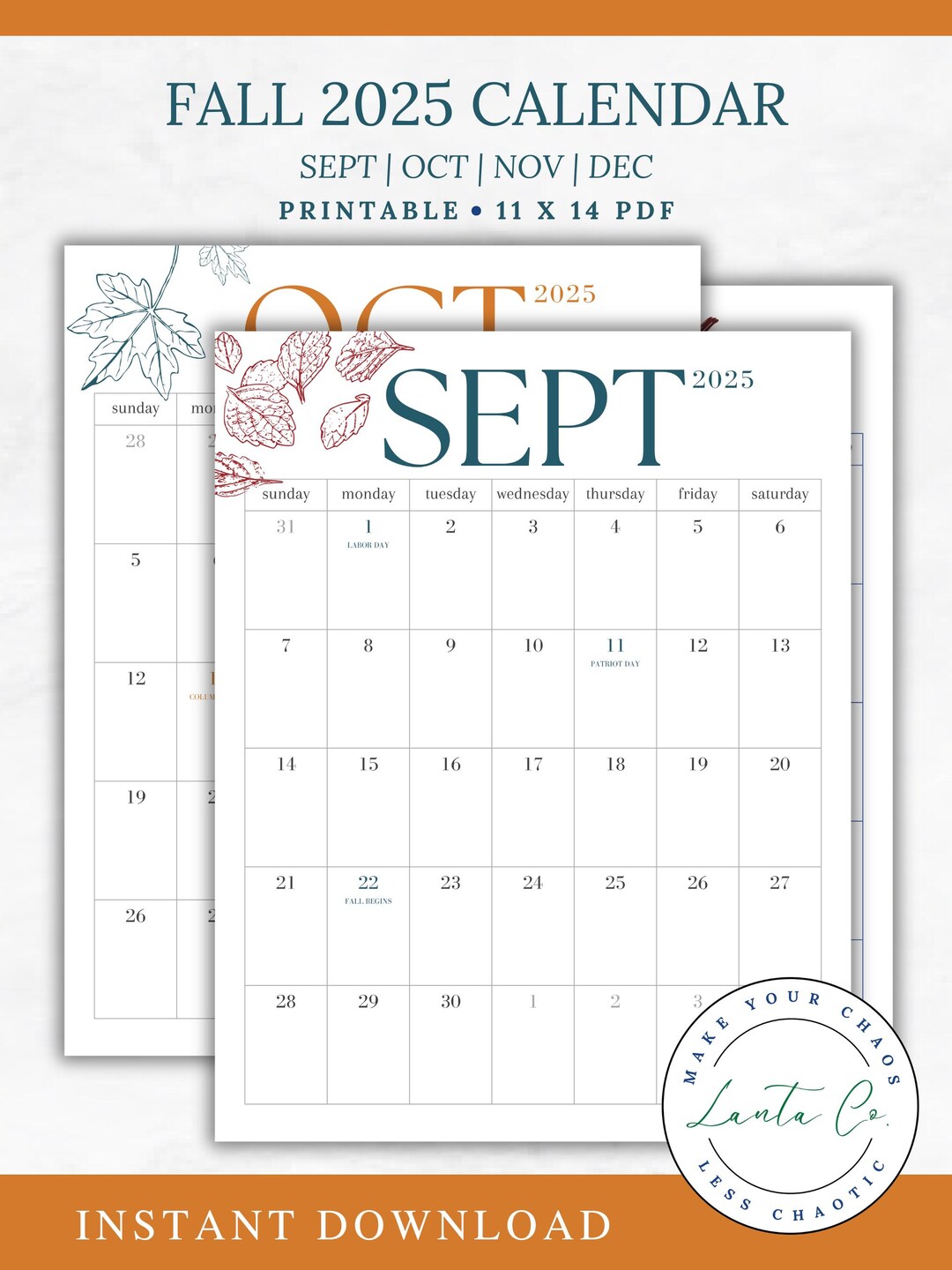 Fall 2025 Calendar Autumn Calendar Printable Download Monthly Calendar ...