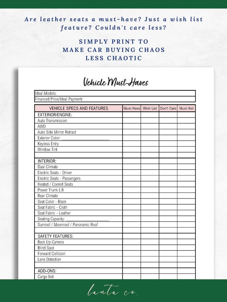 Printable Vehicle Must Haves Checklist Car Buying Guide Automotive ...
