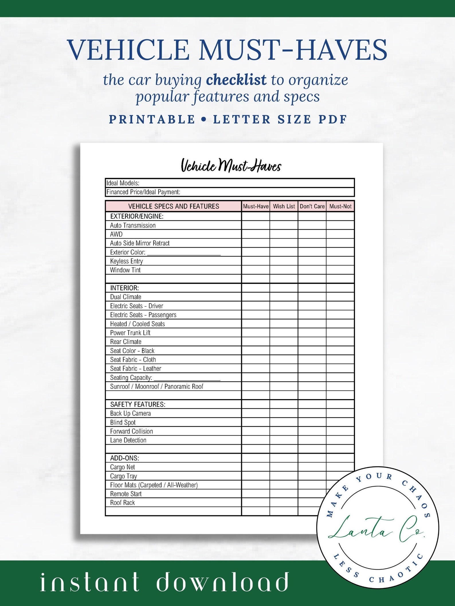 Printable Vehicle Must Haves Checklist Car Buying Guide Automotive ...