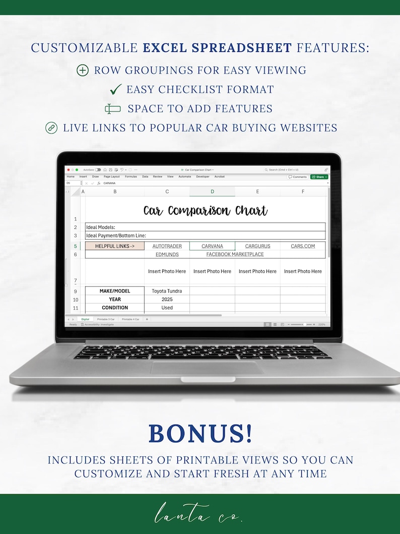 Car Comparison Tool - Spreadsheet & Printable PDF | Side-by-side ...