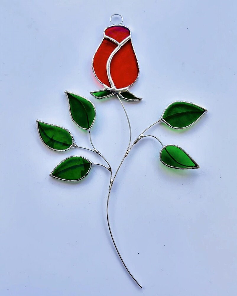 Red Rose Suncatcher, Stained Glass Rose Sun Catcher, Handmade ...