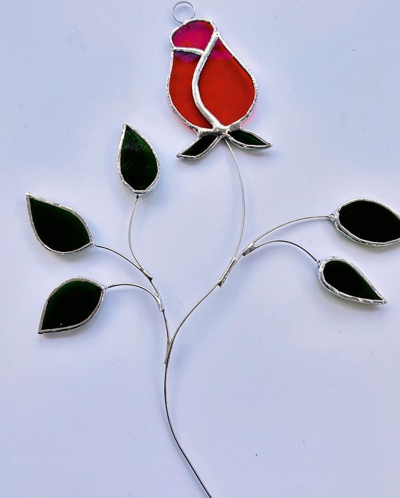 Red Rose Suncatcher, Stained Glass Rose Sun Catcher, Handmade ...
