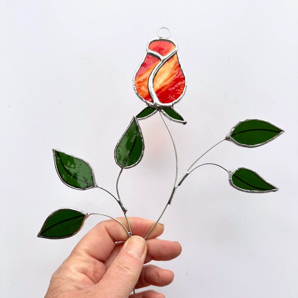 Red Rose Suncatcher, Stained Glass Rose Sun Catcher, Handmade ...