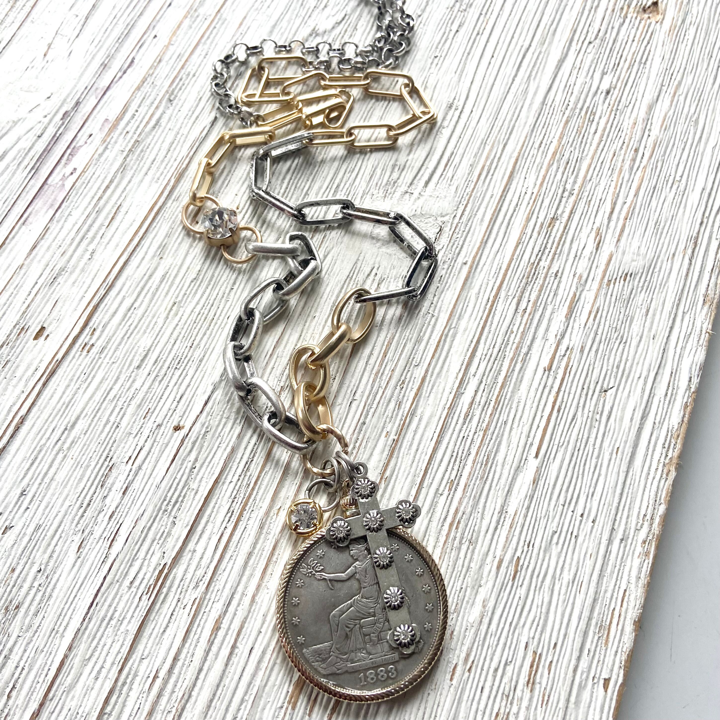 Coin Necklace With Cross Charm - Etsy