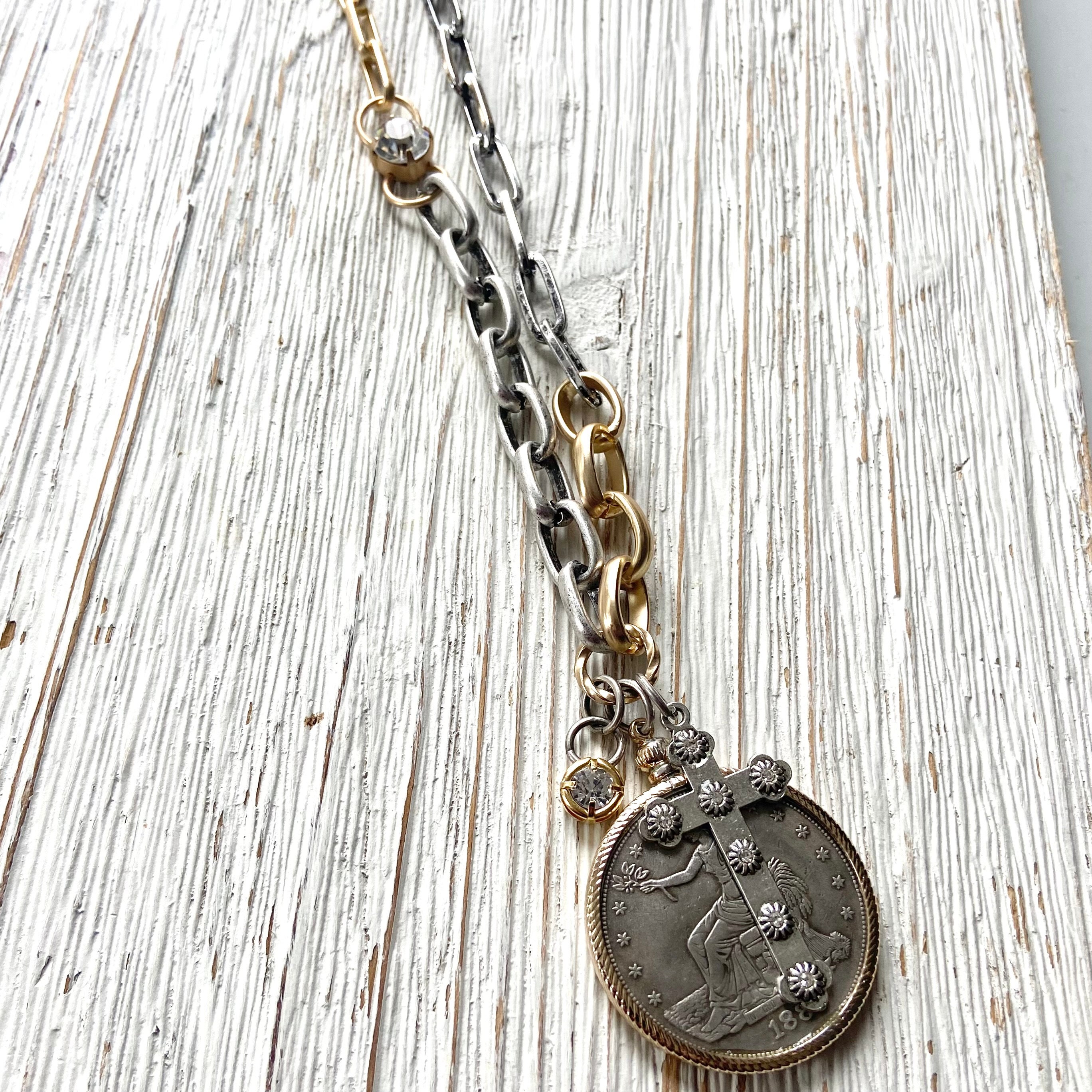 Coin Necklace With Cross Charm - Etsy