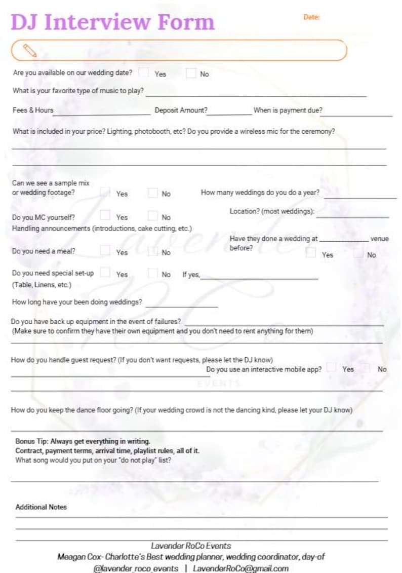 Wedding DJ Interview Form: Printable Vendor Questionnaire (PDF) - Etsy