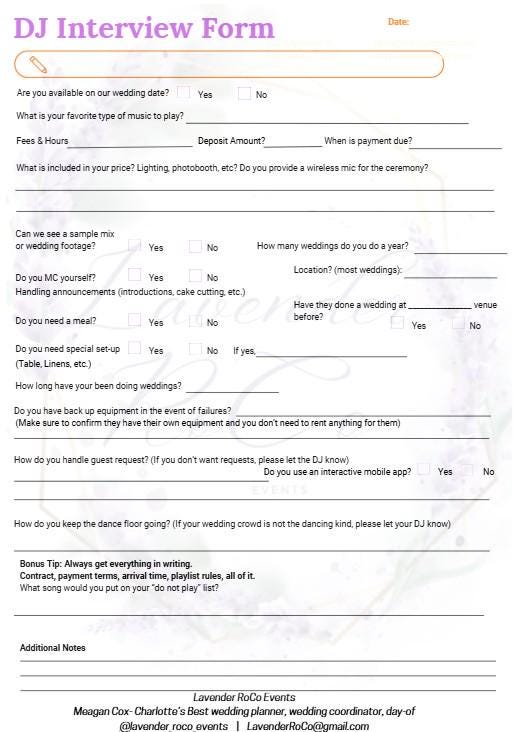 Wedding DJ Interview Form: Printable Vendor Questionnaire (PDF) - Etsy
