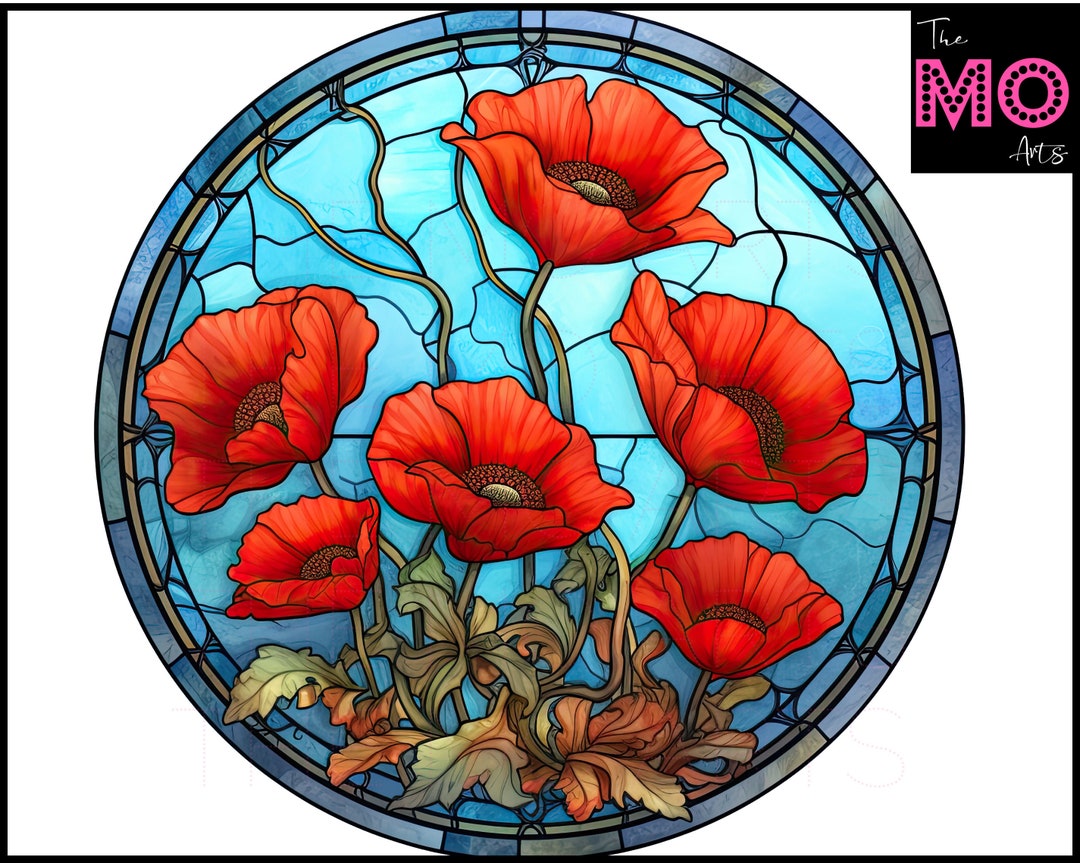 5 Poppy Flowers Round Stained Glass Clipart Sublimation Poppy Flowers ...