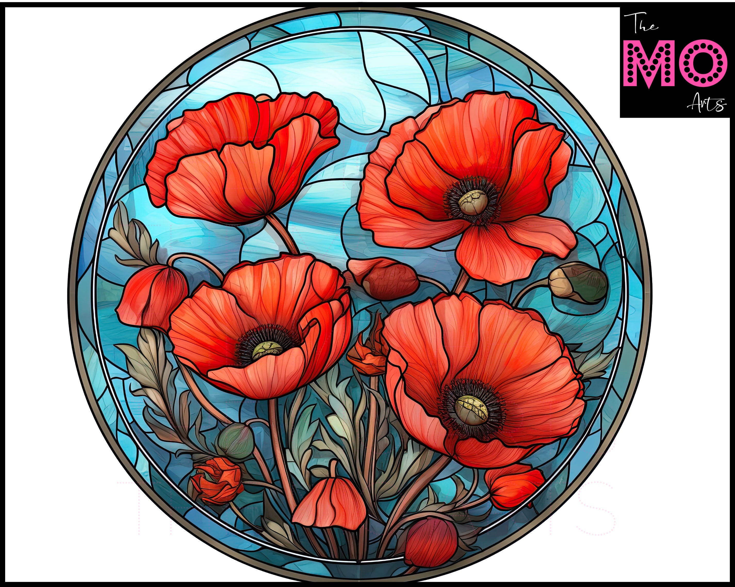 5 Poppy Flowers Round Stained Glass Clipart Sublimation Poppy Flowers ...