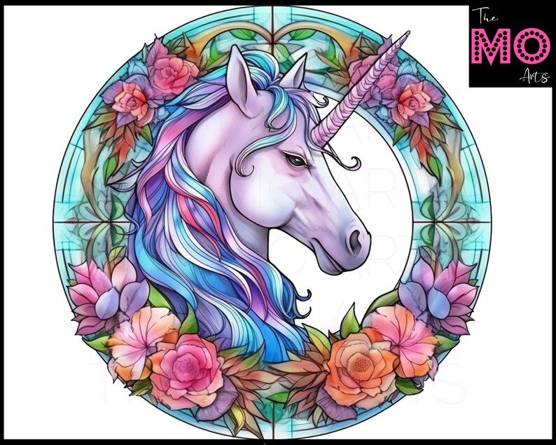 5 Unicorns Round Stained Glass Clipart Sublimation Unicorn Designs ...