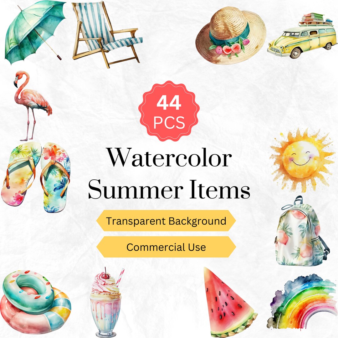 Watercolor Summer Clipart PNG Summer Accessories Digital Graphics ...