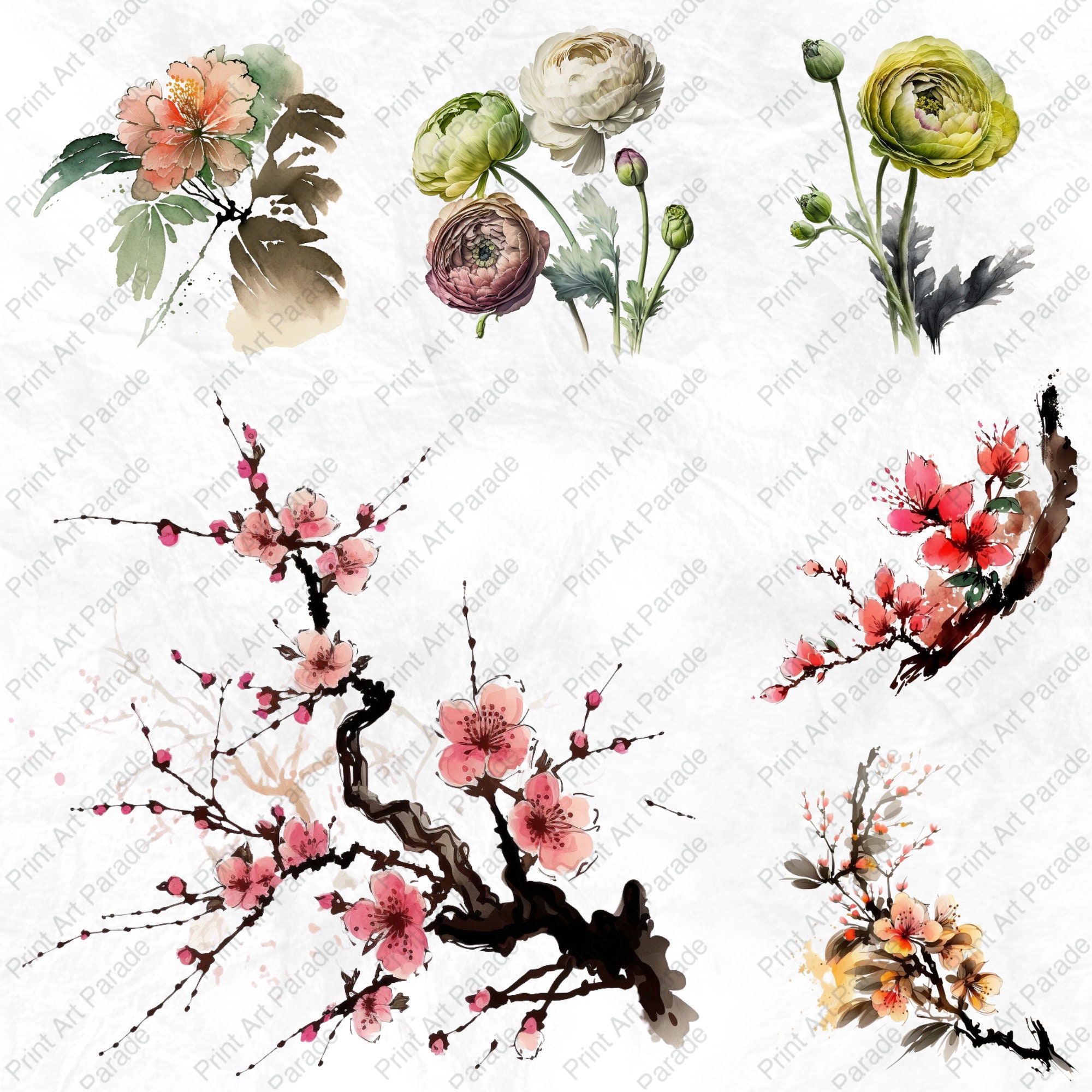 Watercolor Japanese Flower Clipart PNG Sumi-e Style Japanese Floral ...