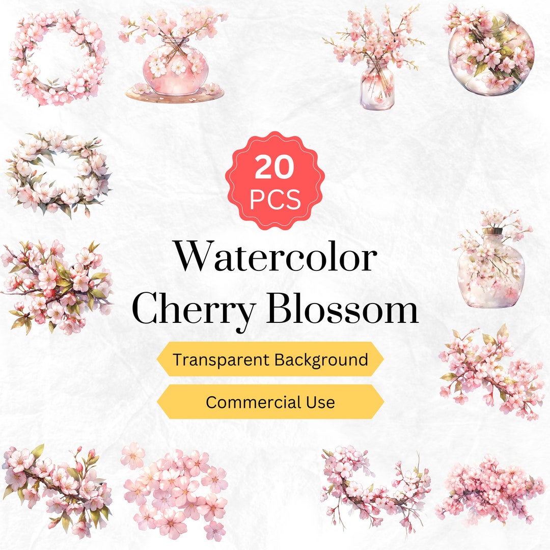 Watercolor Cherry Blossom Flower Clipart Sakura Floral Digital Graphics ...
