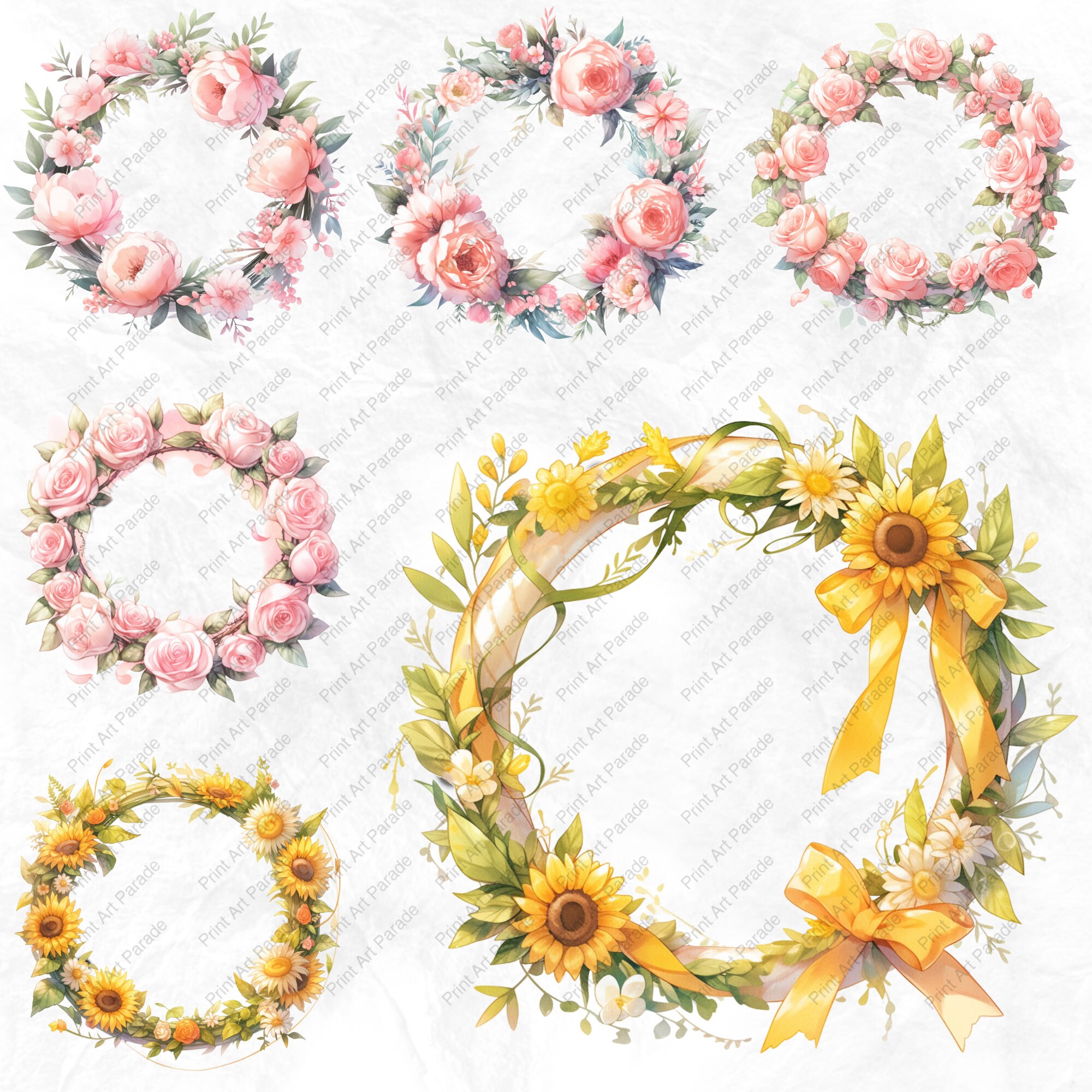 Watercolor Flower Wreath Clipart PNG Floral Wreath Digital Graphics ...