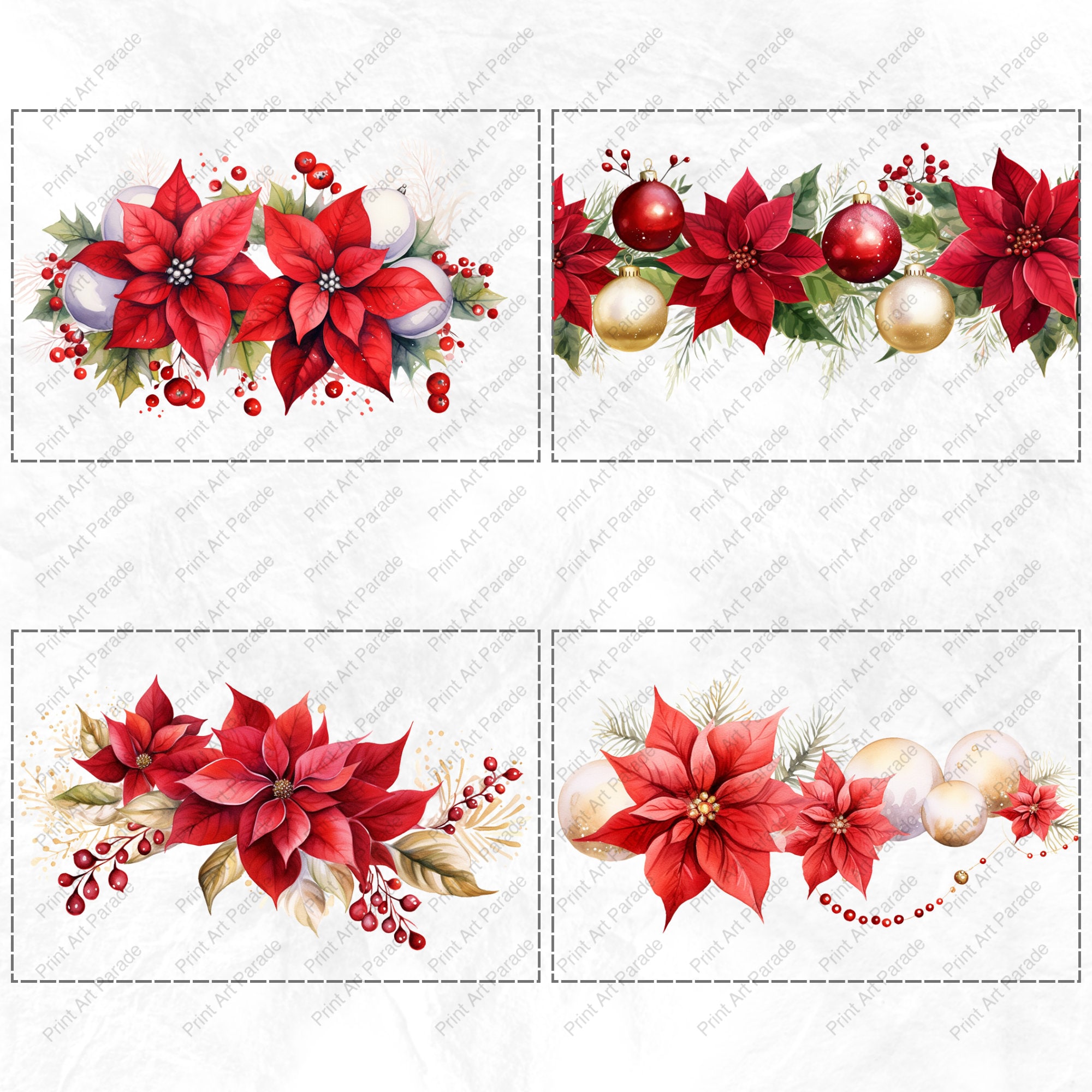 Poinsettia Border Clipart PNG Watercolor Christmas Balls Border Floral ...