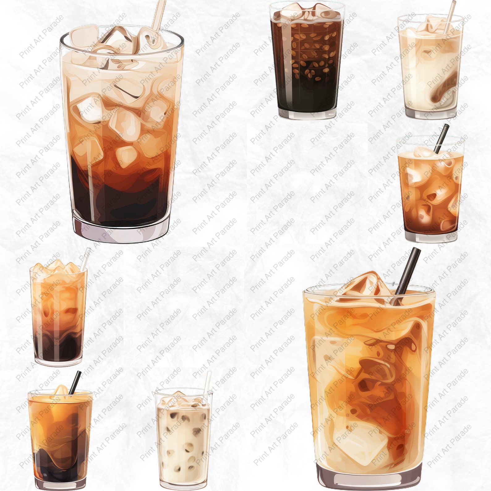 Watercolor Coffee Iced Latte Clipart PNG Iced Latte Coffee Digital ...