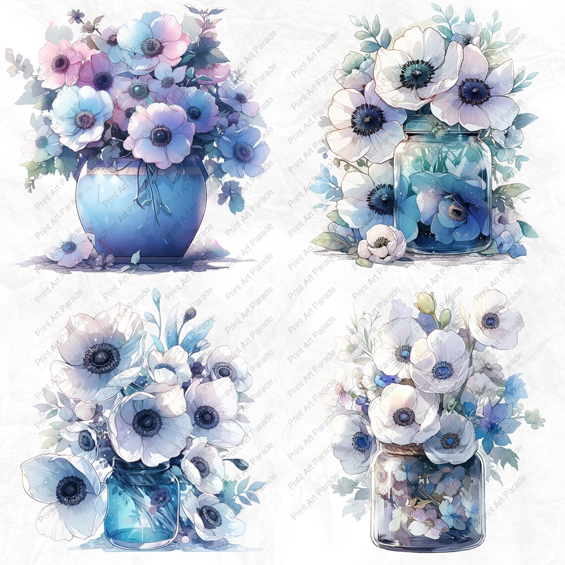 Watercolor Anemone Flower Clipart PNG Anemone Floral Digital Graphics ...