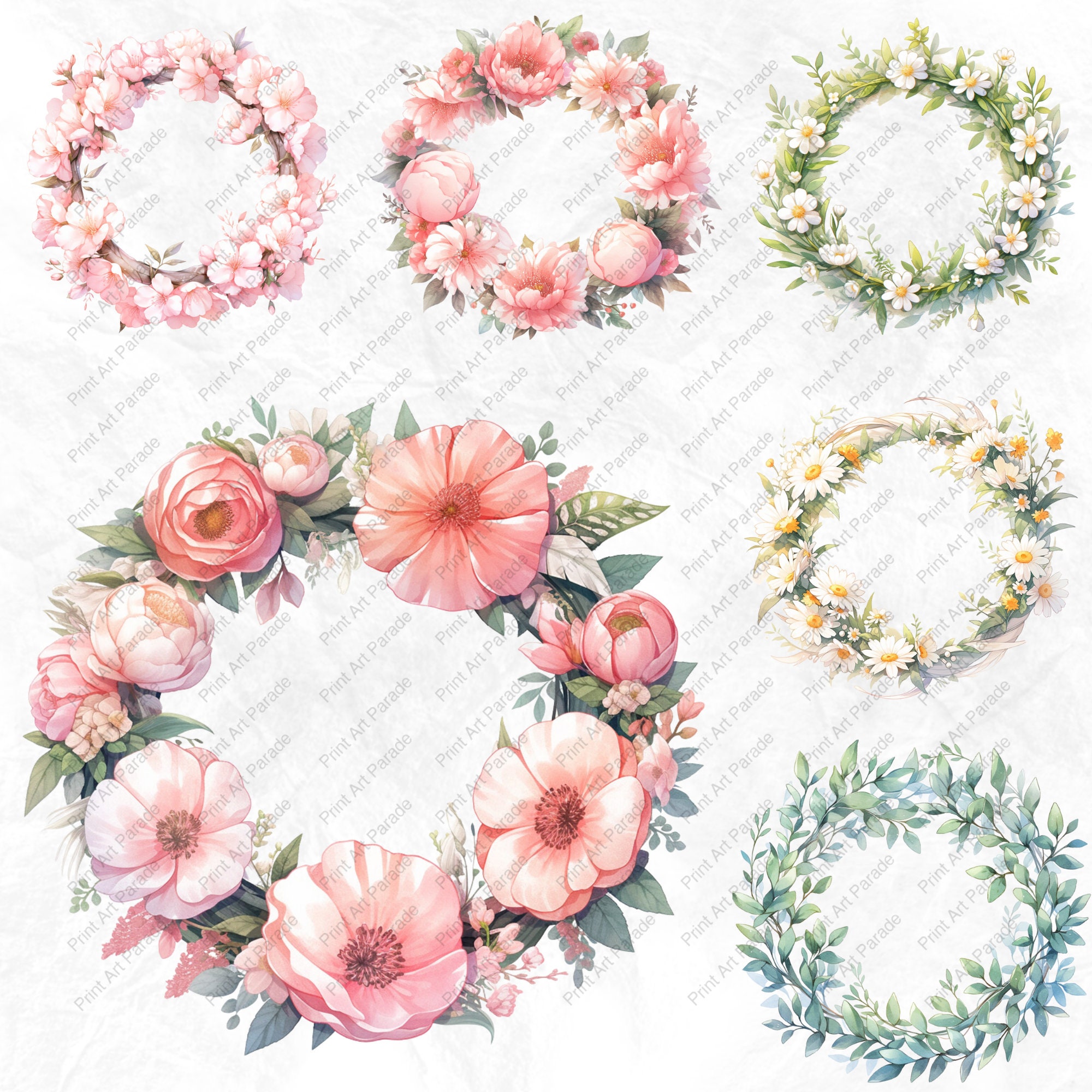 Watercolor Flower Wreath Clipart PNG Floral Wreath Digital Graphics ...