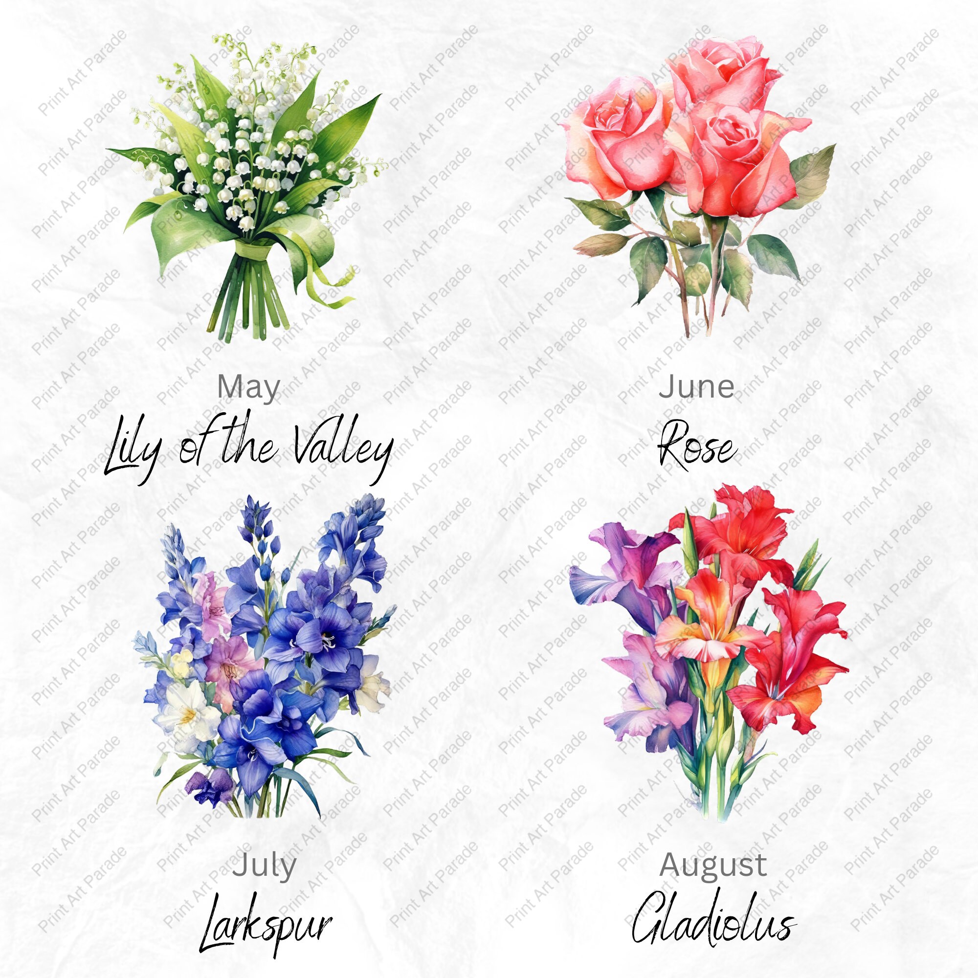 Watercolor Birth Month Flower Clipart PNG Birth Month Floral Bouquet ...