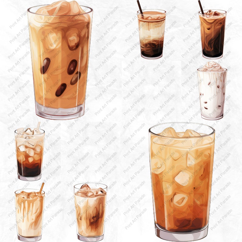 Watercolor Coffee Iced Latte Clipart PNG Iced Latte Coffee Digital ...